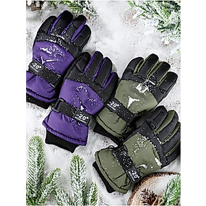 SATINIOR 2 Pairs Kids Waterproof Winter Snow Gloves Ski Gloves for Boy Girl Outdoor Warm Thickening Snowboard(Purple, Dark Green,6-10 Years)