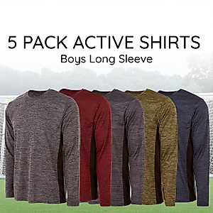 Essential Elements Boys Active Shirt - Quick-Dry Athletic Workout Training Stretch Crew Neck Long Sleeve Top 5 Pack