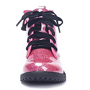 FITORY Girls Glitter Ankle Boots, Lace Up Waterproof Combat Shoes With Side Zipper for Little Kid/Big Kid Hot Pink Size 11