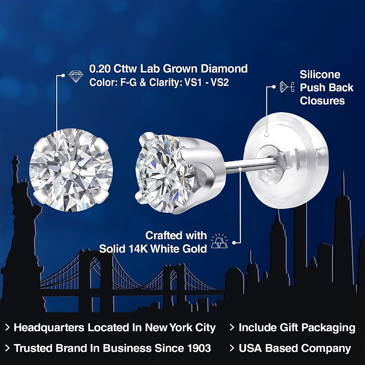 Gem Stone King 0.20 to 1.50 Carat 14K Gold Lab Grown Diamond Stud Earrings | Gold Earrings For Women Men | F-G Color | VS1-VS2 Clarity