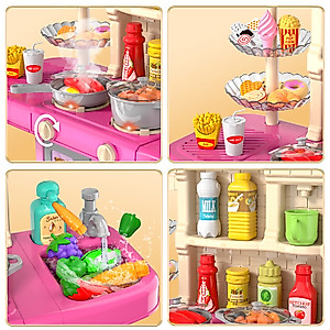 Kids Play Kitchen Playset for Toddlers Girls, Toy Kitchen Sets Pretend Play Food Toy with Chair for Girls Kids Ages 3-8, with Light Sound Spray