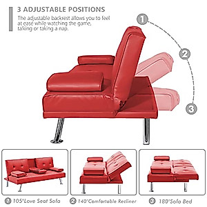 DKLGG Convertible Futon Sofa Bed, Reclining Lounge Couch Sofa with Armrests, 2 Cup Holders Faux Leather Upholstered and Metal Legs Sleeper Sofa Perfect for Living Room, Small Space, Apartment