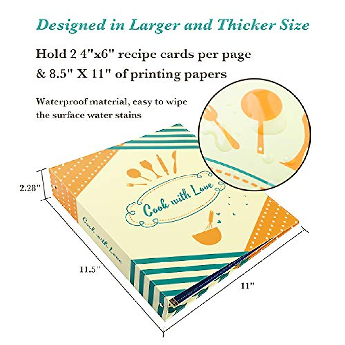 Recipe Binder Kit with Cards - 3 Ring Full Page Recipe Book Binder 8.5"x11", 60 4X6 Recipe Cards, Card Protectors, Dividers and Labels for Family Recipe Organizer, Cook with Love Design