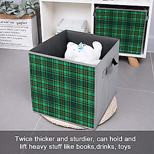 CWECVWE Fabric Storage Cubes Green Scottish Tartan Plaid, Pack of 2 Foldable Storage Bins with Handles for Organizing Pantry, Closet, Shelf, Toy Box, Cubby