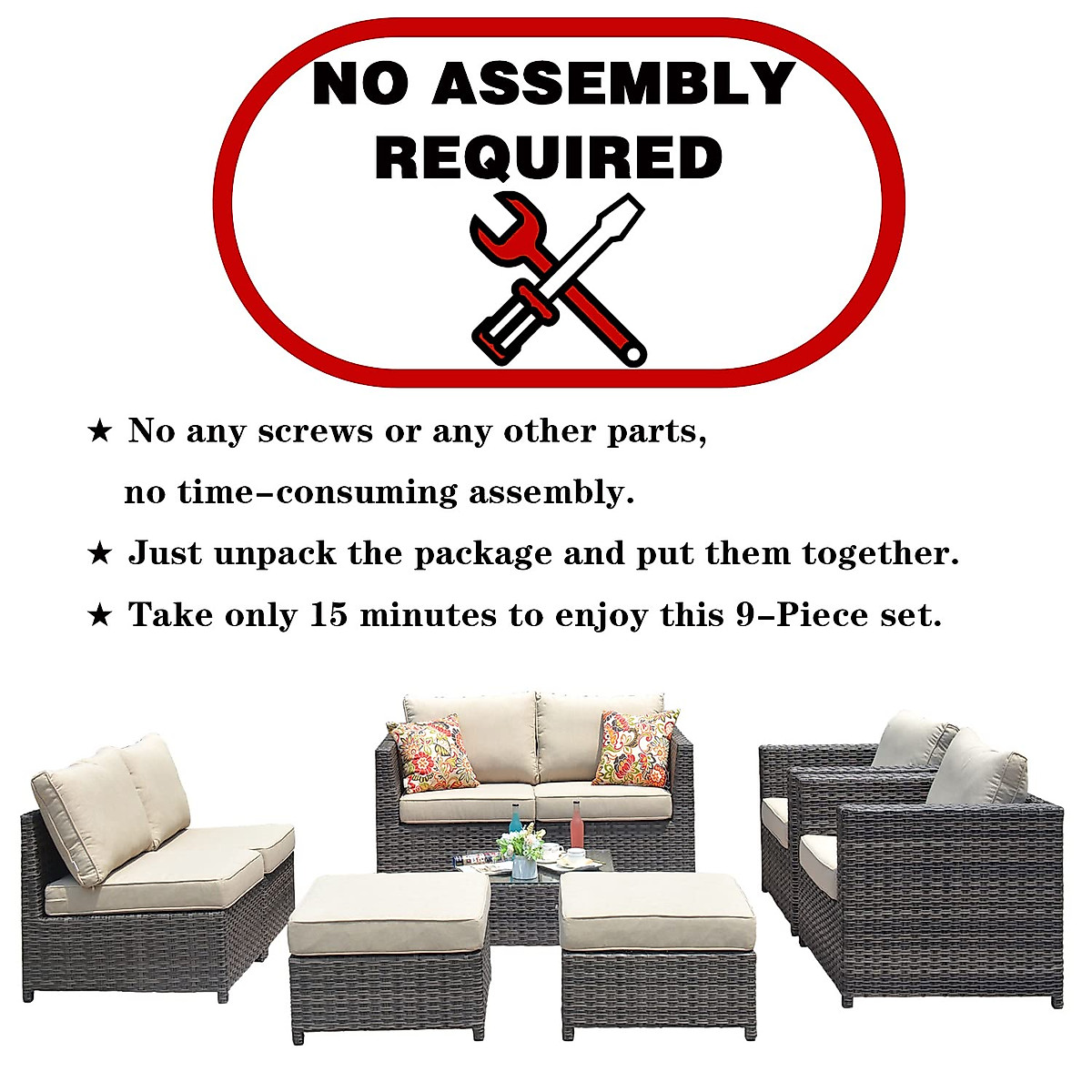 XIZZI Patio Furniture Set, No Assembly 9 PCS Big Size Outdoor Sectional Sofa All Weather PE Rattan Wicker Outdoor Furniture with 2 Pillows,Grey Wicker Beige Cushion