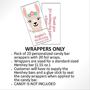 Llama Personalized Candy Wrappers, Kids Birthday Party Favors, Pack of 20 Custom Chocolate Bar Labels