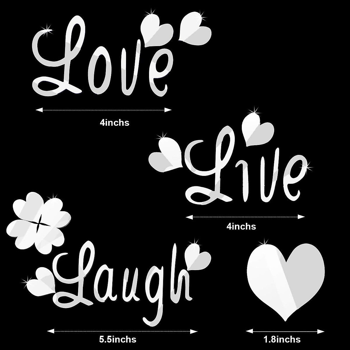 Love Live Laugh Wall Stickers Decals Silver Heart Mirror Wall Decor for Bedroom Living Room DIY Decoration
