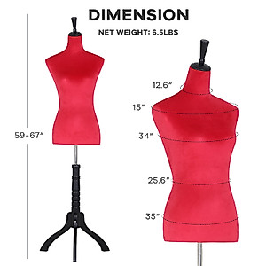 Mannequin Body Female Dress Form Mannequin Torso with Stand for Display 60"-67" Height Adjustable for Sewing Wooden Base, Fiberglass Body(Red)