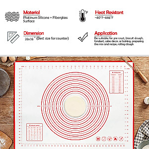 Pastry Mat for Rolling Dough, WeGuard 20“x16” Silicone Pastry Kneading Mat Board with Measurements Marking BPA Free Food Grade Non-stick Non-slip Rolling Dough Baking Mat