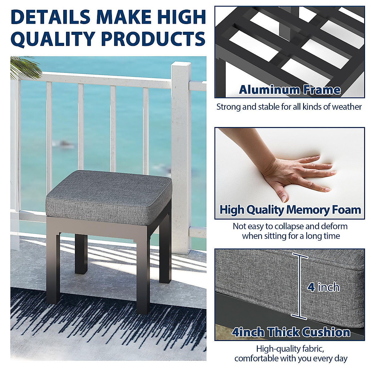 COVERONICS Outdoor 2 Pieces Aluminum Ottoman - Patio Furniture Foot Rest Stool with Aluminum Frame and Waterproof Cushions, All-Weather Footrest Seat Balcony Backyard Poolside Gray