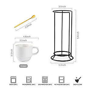 YHOSSEUN Porcelain Coffee Mug Set With Metal Stand, Ceramic Cups with Espresso Spoons, 11 Ounce Mug Set Perfect For Americano, Chocolate Drinks, Milk, Tea, Set of 4, White