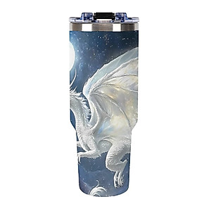 White Dragon Soaring Moon Moonlight 40oz Water Bottle Double Wall Insulated Tumbler with Handle Leakproof Travel Mug Light Rose Red-style