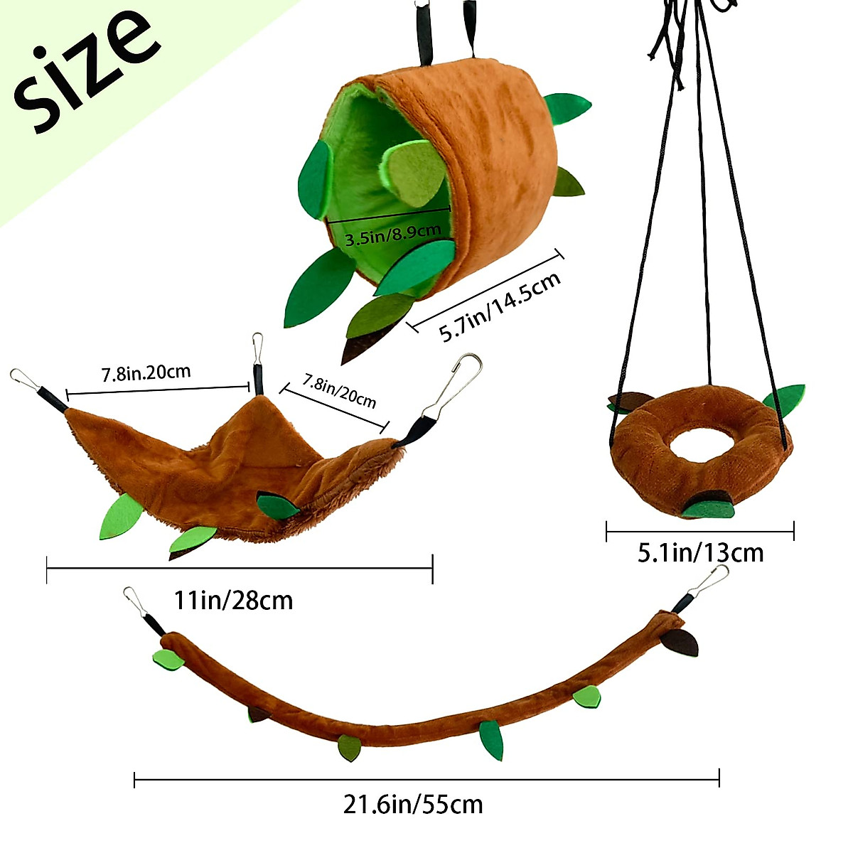 MUYG Hamster Hammock,Small Animal Hanging Hideout Tunnel Sleeping Set Plush Swing Warm Bed House Cage Nest Accessories for Sugar Glider,Squirrel,Brown(5 Pcs)