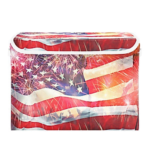 DIGTIA Veterans Day Storage Bins with Lids USA Flag Firework Foldable Storage Boxes with Handles 4th Of July Large Storage Basket Collapsible Organizer Containers for Closet Home Bedroom Office