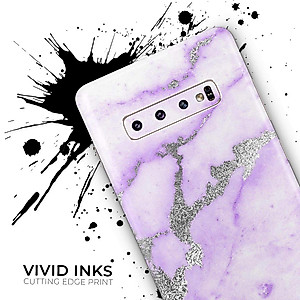 DesignSkinz Purple Marble & Digital Silver Foil V3 Protective Vinyl Decal Wrap Skin Cover Compatible with The Samsung Galaxy S20 (Screen Trim & Back Glass Skin)