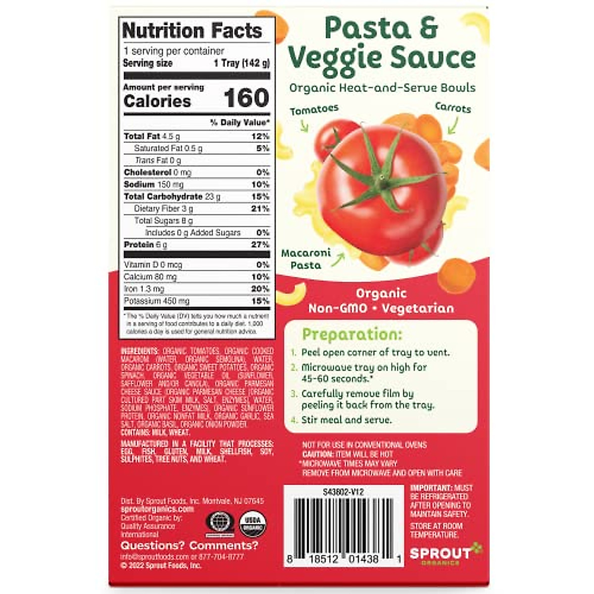 Sprout Organic Baby Food, Toddler Meals, Macaroni Pasta with Vegetarian Tomato Sauce, 5 Oz Bowl (8 Count)