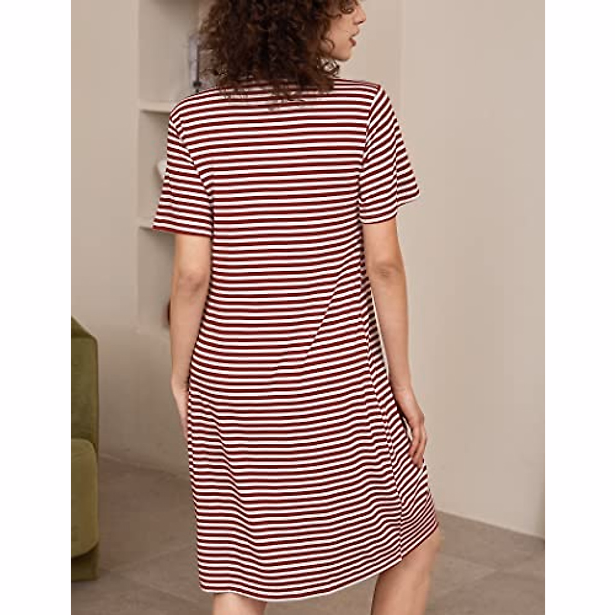 Ekouaer Women's Striped Short Sleeve Nightgown Button Down Sleepwear Soft Sleeping O-Neck Nightshirts Boyfriend Sleep Gown-Wine Red XL