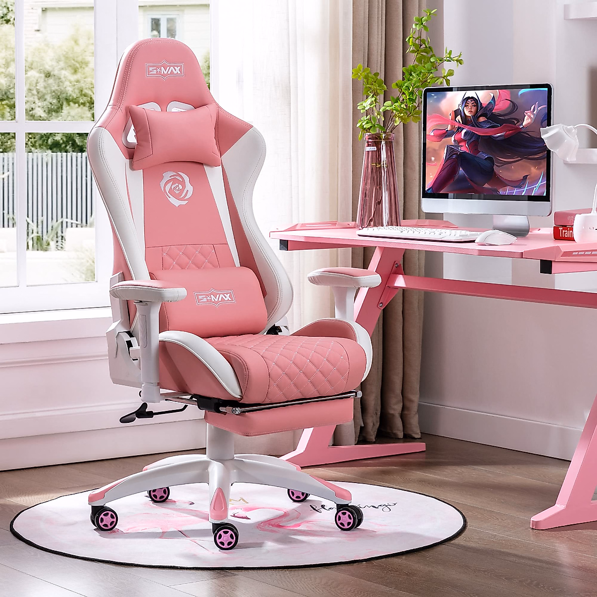 S*MAX Pink Gaming Chair with Footrest Thicken Seat Ergonomic Pink Gamer Chair with 3D Armrest PU Leather Headrest and Lumbar Support High Back Gaming Chair for Girls Pink and White