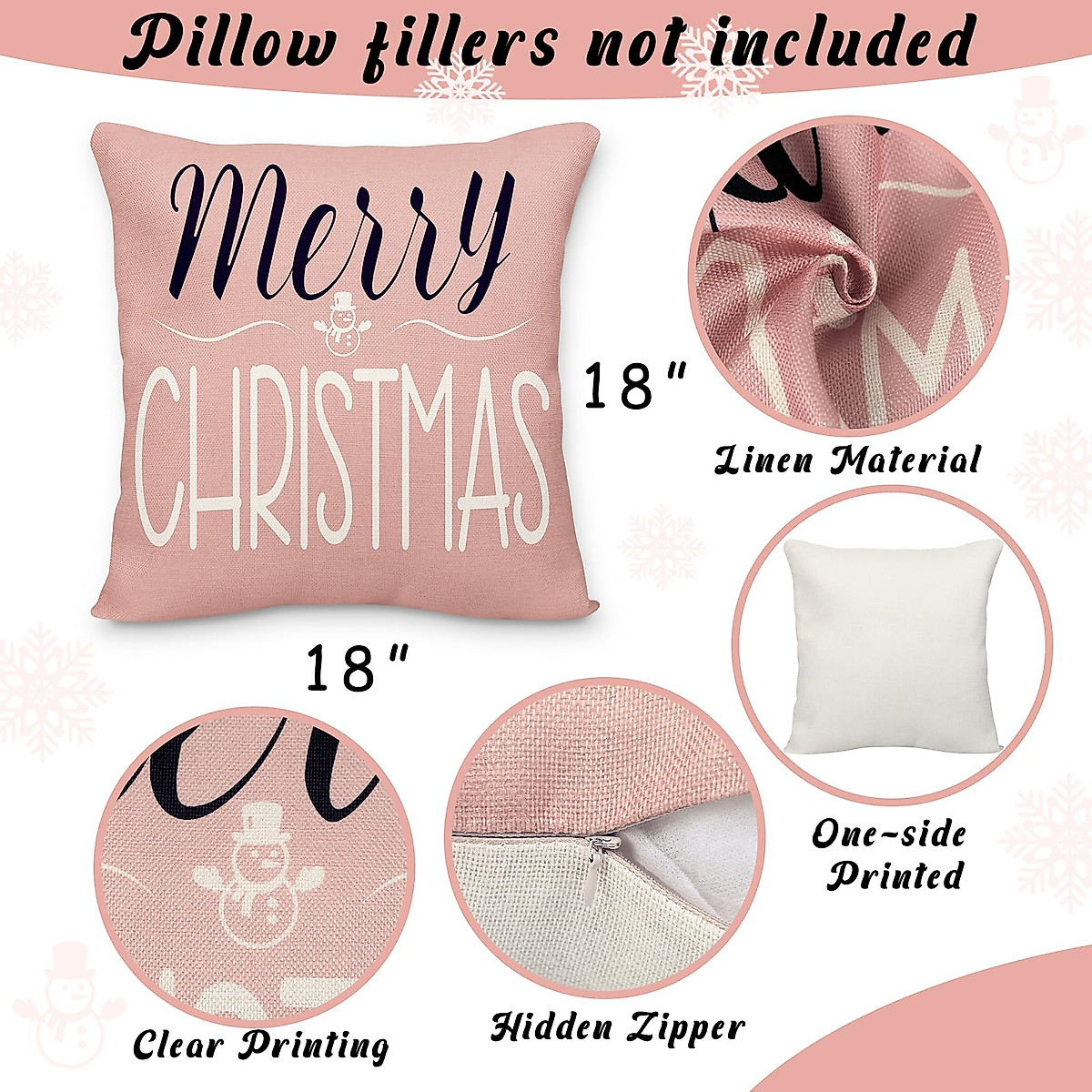 Geefuun Rose Gold Christmas Pillow Covers 18 x 18 Decorations Indoor Home Pink Decor Set of 4 - Xmas/Holiday/Winter Bedroom Decorative Pillowcase for Couch, Bed（No Fillers）