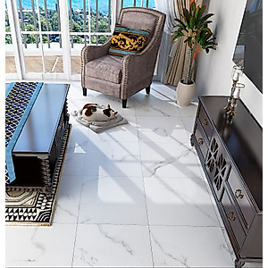 FunStick White Peel and Stick Flooring Tiles Waterproof 12 x 12 Inch 15 Pack Removable Marble Vinyl Flooring Peel and Stick Floor Tile Bathroom Floor Vinyl Sticker Tiles for Kitchen Bedroom Flooring