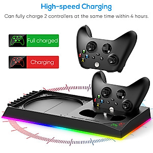 Upgrade Stand for Xbox Series X with Back Cooling Fan& RGB Lights, Charging Station with Controller Charger Dock &Game Storage Rack Organizer& Headset Stand with 2X1400 mAh Rechargeable Battery Pack