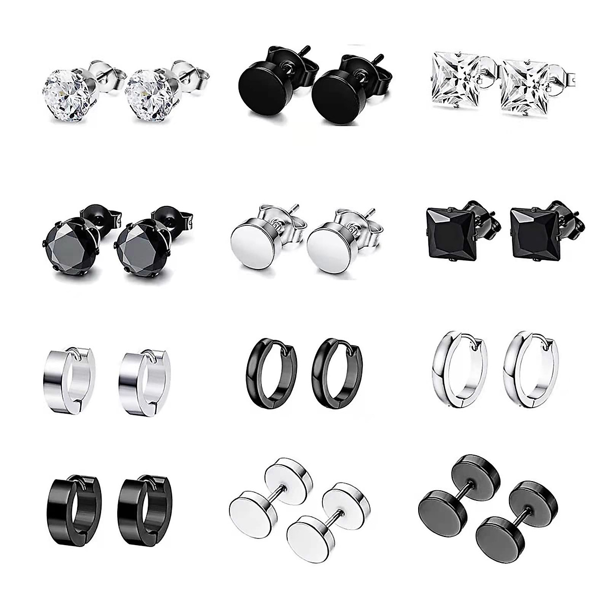 LEBOCADO 12 Pairs Earrings for Men, Stainless Steel Black Stud Earrings Hoop Earrings Set for Women, Black and Sliver Ear Studs (12 Pairs Set)