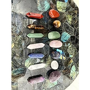 CrystalsAhoy 3" Selenite Charging Plate with TWO Chakra Sets included, polished round and double pointed chakra crystals
