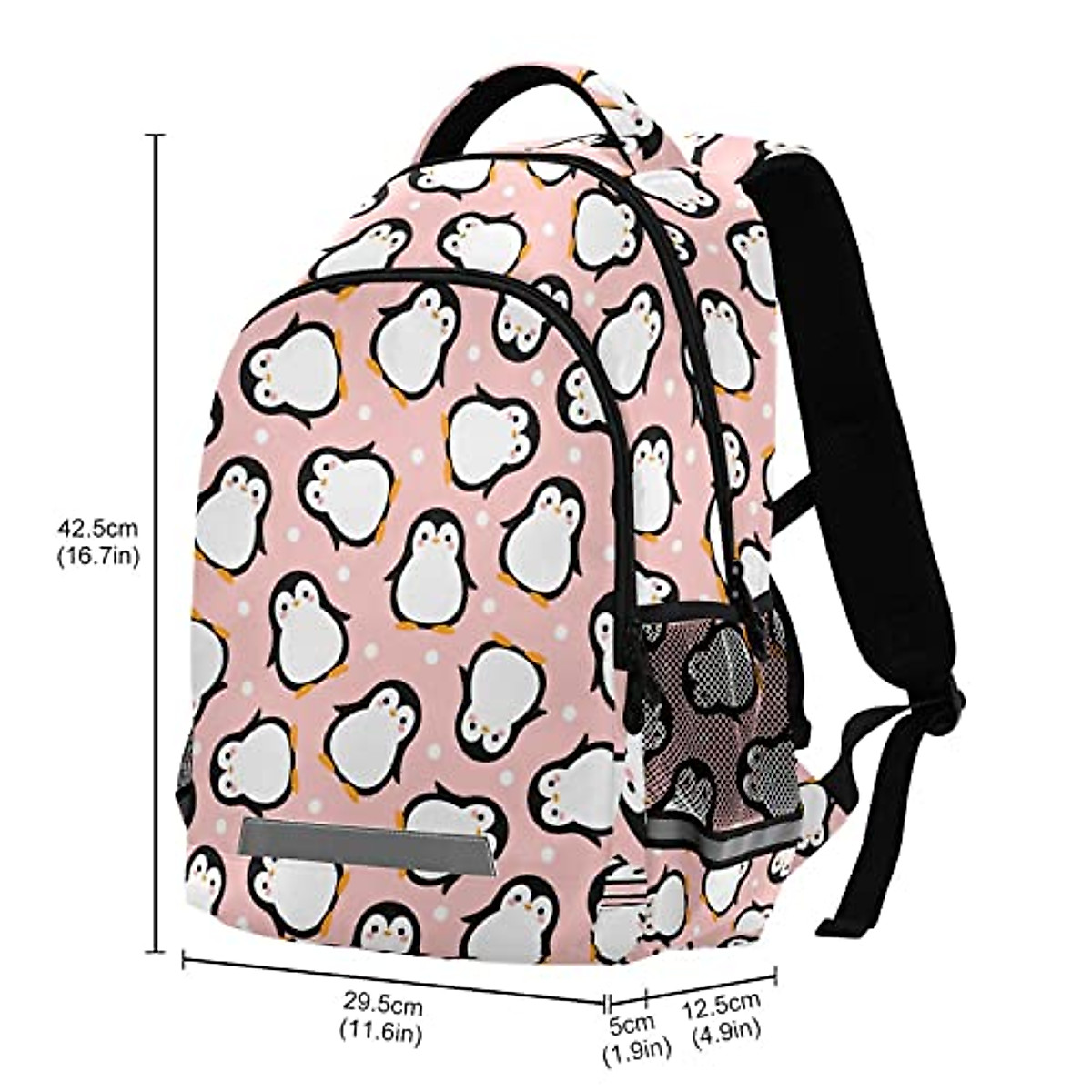 JIPONI Pink Penguin and Polka Dot Backpack For Girls Boys School Kids Bookbag Travel Laptop Backpack Purse Daypack With Chest Strap