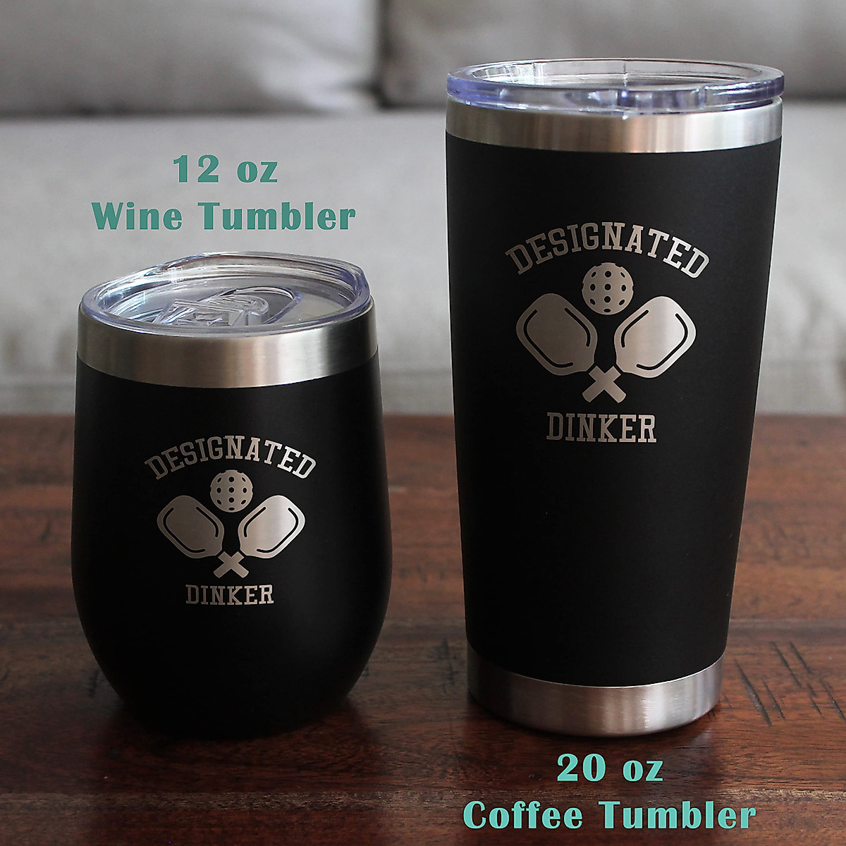 Designated Dinker - Wine Tumbler Glass with Sliding Lid - Stainless Steel Insulated Mug - Funny Pickleball Themed Gifts and Decor - Teal