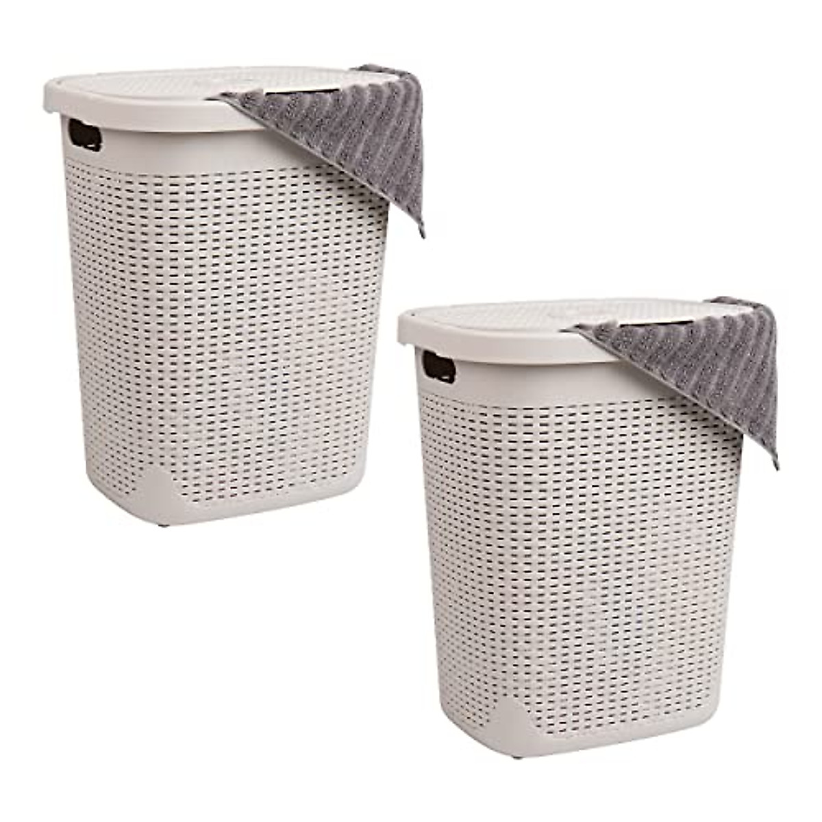 Mind Reader Basket Collection, Slim Laundry Hamper, 50 Liter (15kg/33lbs) Capacity, Cut Out Handles, Attached Hinged Lid, Ventilated, Set of 2, 17.65"L x 13.75"W x 21"H, Ivory