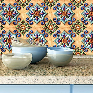 Self-Adhesive DIY Stickers Peel and Stick Wall Backsplash Decals Home Tiles for Kitchen/Living Room/Bathroom in Moroccan Portuguese Mexican Talavera Design - Pack of 6