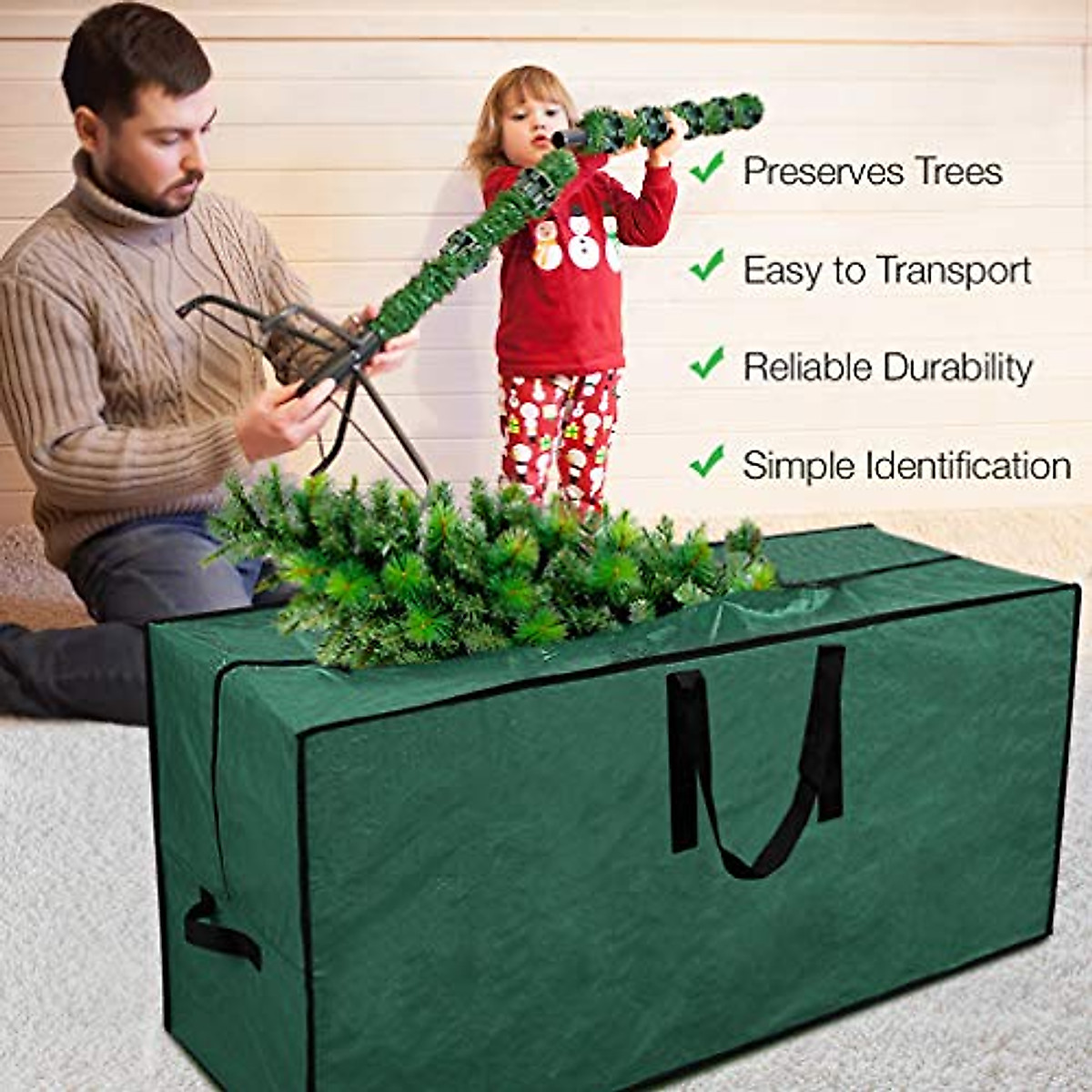 Primode Christmas Tree Storage Bag | Fits Up to 9 Ft. Tall Disassembled Tree I 65"x15"x30" Holiday Tree Storage Case | Protective Zippered Artificial Xmas Tree Bag (9ft, Green)