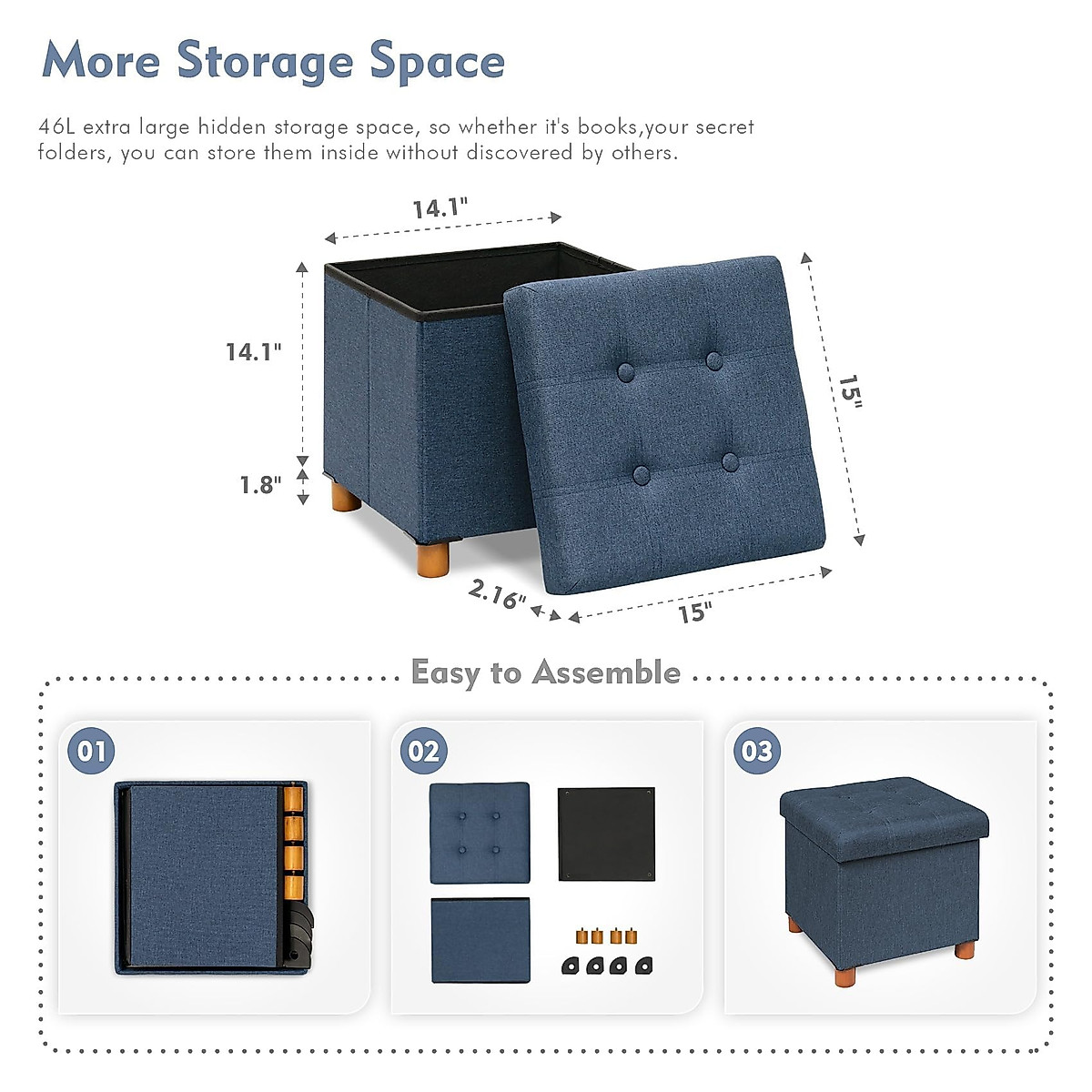 B FSOBEIIALEO Storage Ottoman with Tray, Foot Stools and Ottomans with Legs, Storage Cube Seat Linen Blue 15"