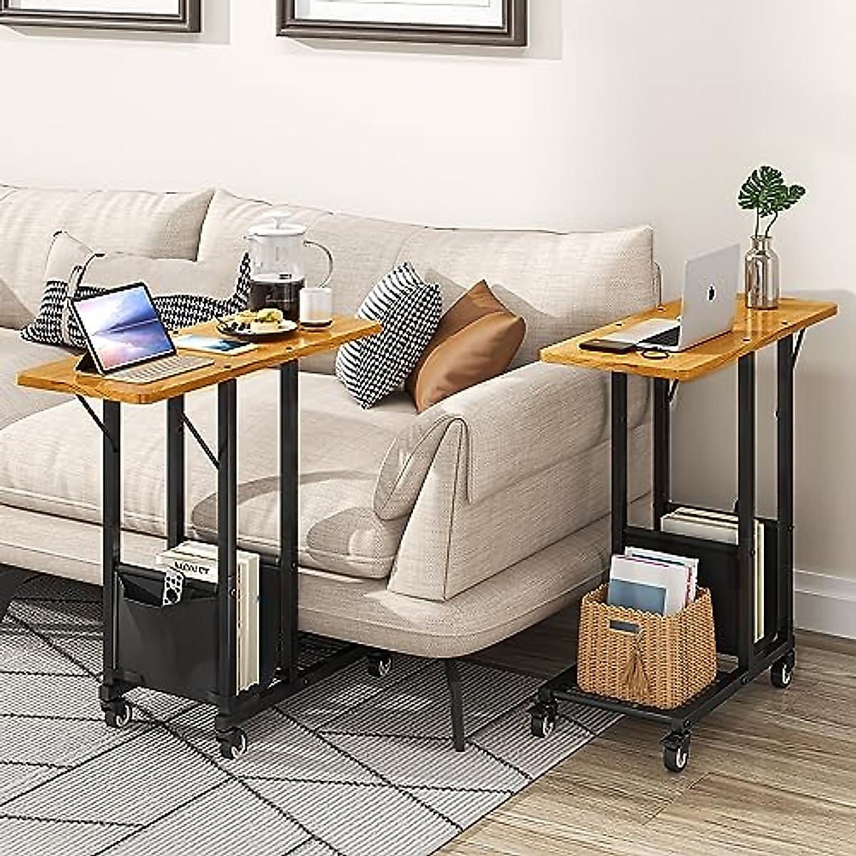 Simple Trending Side Table, C-Shape Folding Table with Wheels, Laptop Tray Table for Sofa and Bed, Living Room, Bedroom
