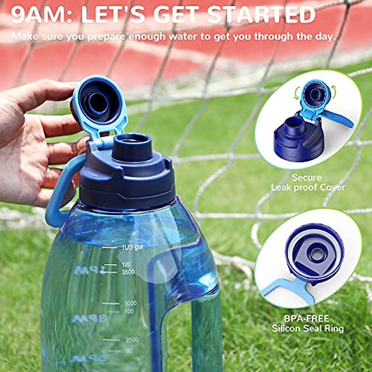 Diller bottle 1 Gallon Water Bottle with Time Marker, Large 128oz Water Bottle to Drink, Motivational Water Jug with handle for Gym Workout, BPA Free, Leak-Proof (Blue)