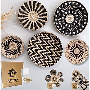 Artivea 5 Boho Basket Wall Decor Set - hanging Woven Wall Baskets Decor Boho - Boho Wall decor Baskets - Boho wicker wall decor - Basket Wall Art Decor - Boho Rattan Woven Wall Decor - Boho Rattan Wall Decor– Exclusive Registered Brand