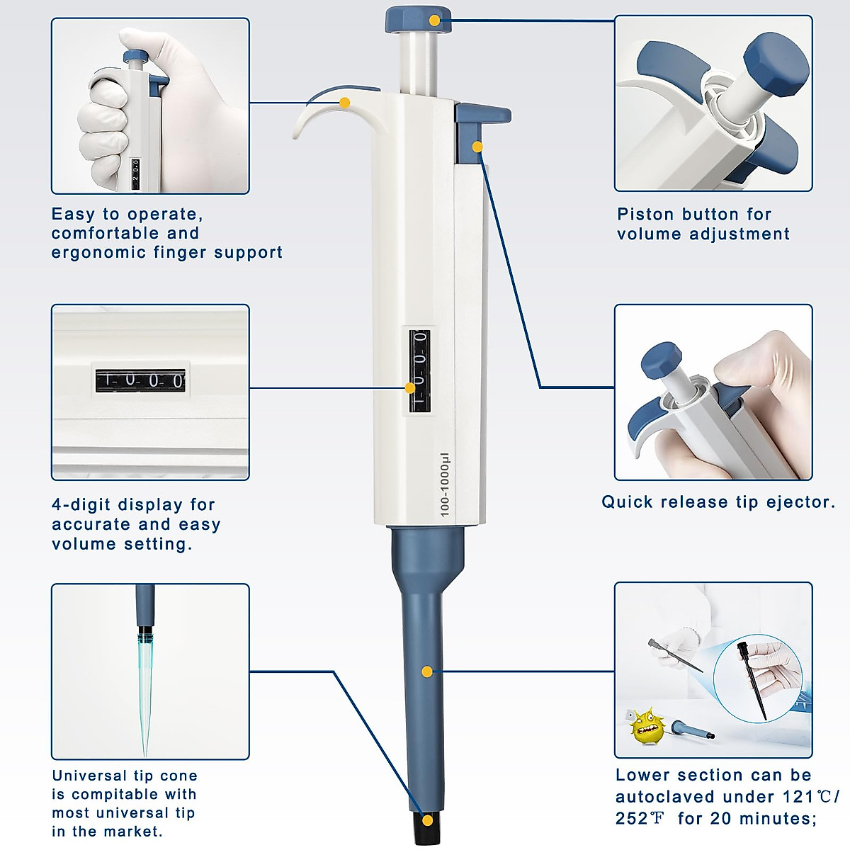 Huwazine Micropipette kit, 0.5-10ul 10-100ul 100-1000ul, Adjustable Single Channel Pipette, 3 Pieces, Pipette Stand, 3 Racks of sterile Pipette Tips (SC Pipettors-3pcs-Set A)