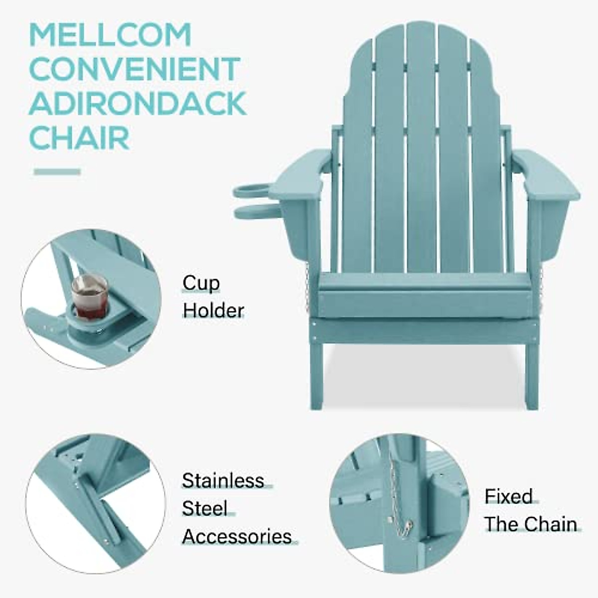 MELLCOM Folding Adirondack Chair with Cup Holder, All-Weather HDPE Fire Pit Chairs, 5 Steps Easy Installation, Widely Used in Patio, Pool Side, Deck, Backyard, Garden, Aruba Blue…