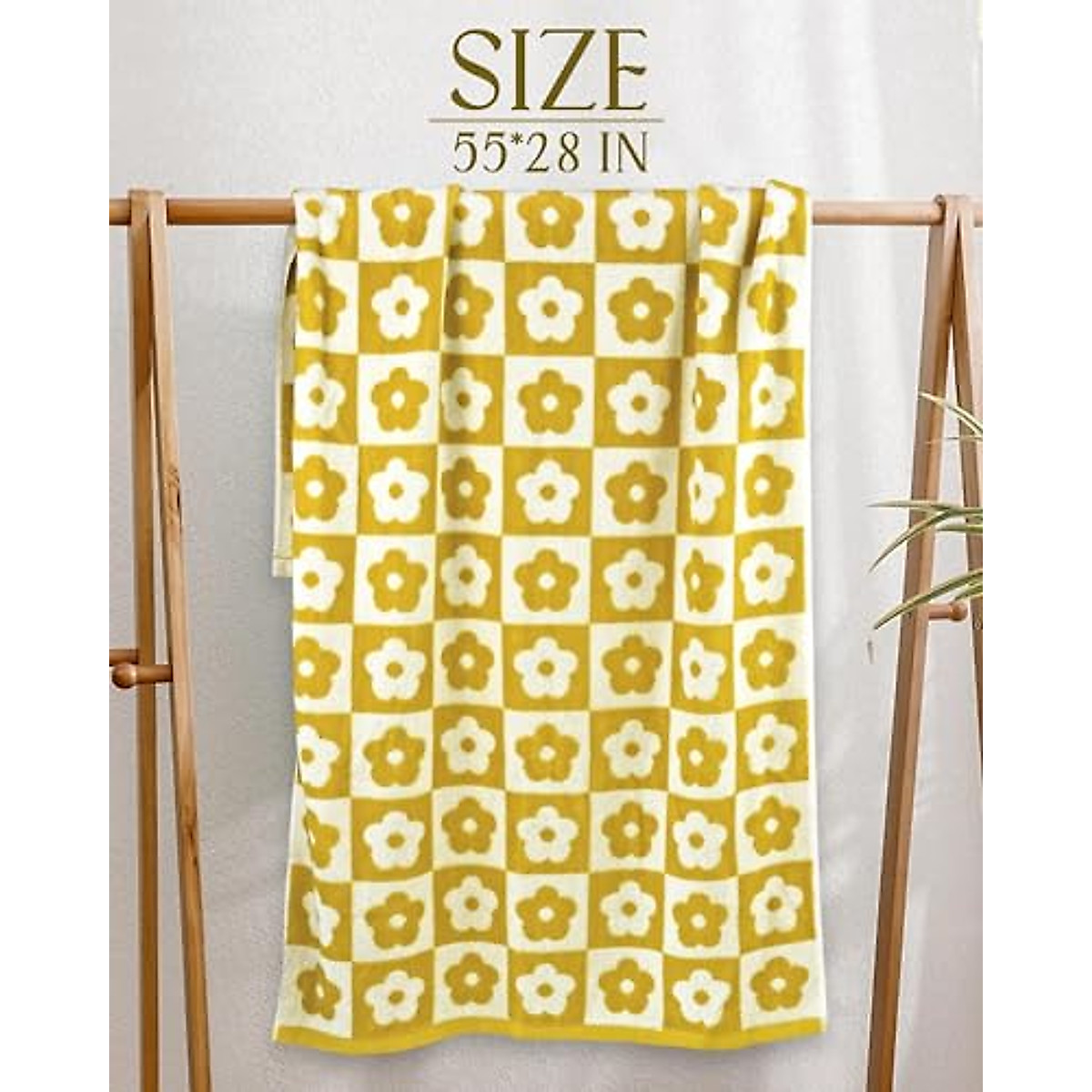 Jacquotha Bath Towels Checkered Floral 55” x 28” - Decorative Bathroom Towels for Indoor Outdoor Gift, 440 GSM Soft Quick Dry Towel for Bathroom Gym Spa Swim (Yellow & Lilac)