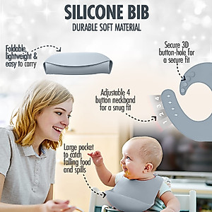 Blue Gray-10 Piece Silicone Baby Feeding Set-Baby Led Weaning Supplies-Baby Eating Supplies, Baby Plates/Toddler Plates, Bib, Sippy Cup, Baby Spoons First Stage 4 months, and Infant Silicone Fork