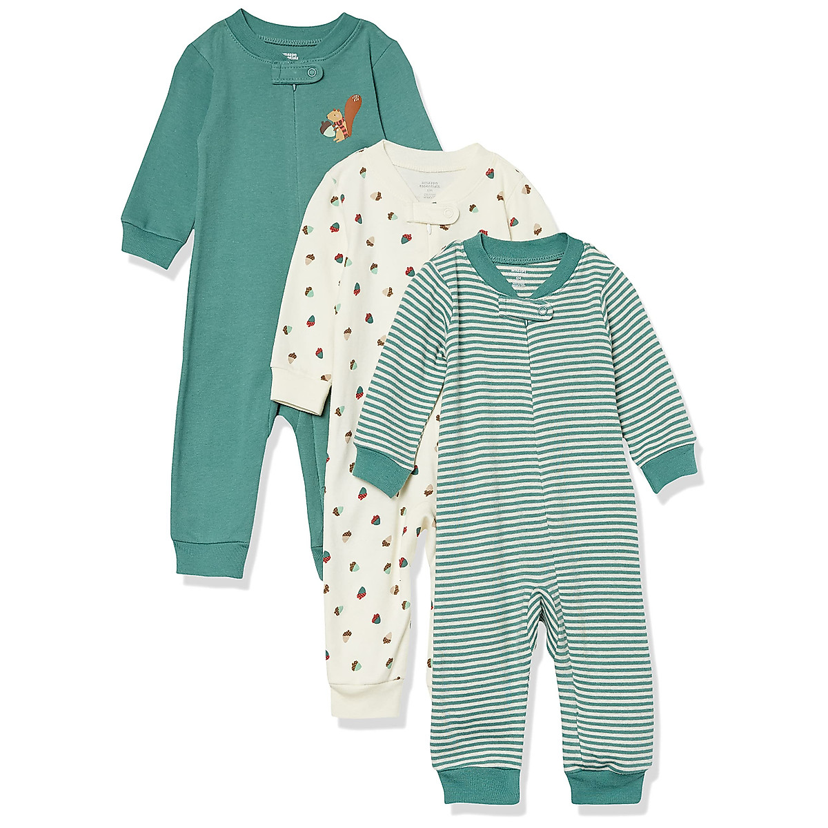 Amazon Essentials Unisex Babies' Cotton Footless Zip-Front Sleep and Play, Pack of 3, Light Green/Strawberries/Stripe, 6-9 Months