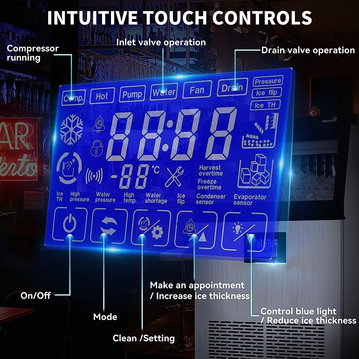 YITAHOME Upgraded Commercial Ice Maker Machine, 132LBS/24H Ice Maker with 33LBS Storage Bin, LCD Panel with Blue Light & Stainless Steel Scoop for Restaurant, Home, Bars, Coffee Shop(50PCS)