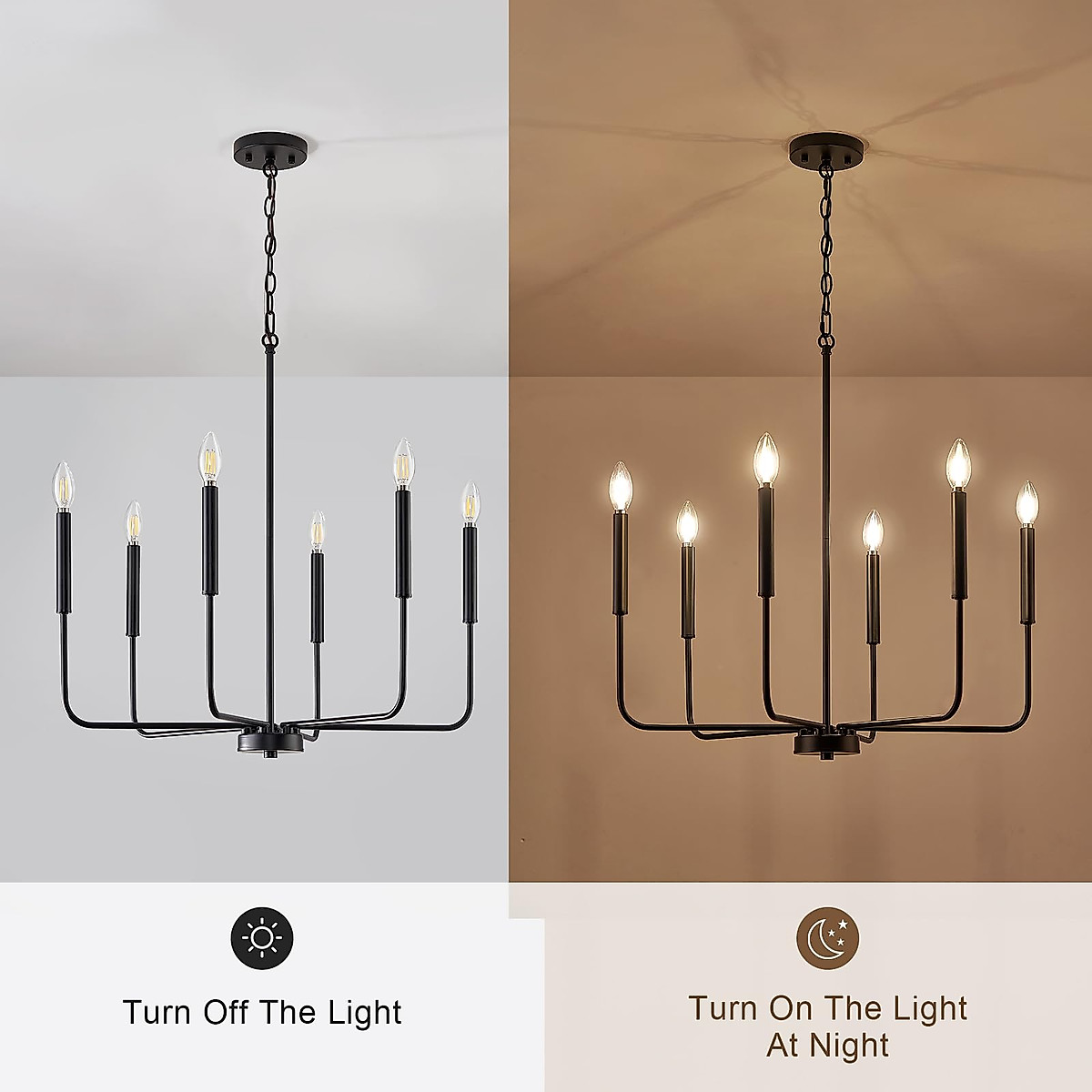 ONESMING Modern Black Chandelier for Dining Room,Metal 6-Light Kitchen Light Fixtures,Farmhouse Candle Hanging Pendant Light for Living Room Entryway Foyer Bedroom (Bulbs Not Included)