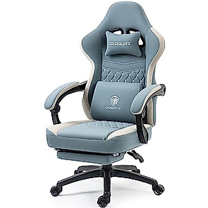 Dowinx Gaming Chair Breathable Fabic Computer Chair with Pocket Spring Cushion, Comfortable Office Chair with Gel Pad and Storage Bags,Massage Game Chair with Footrest,Blue
