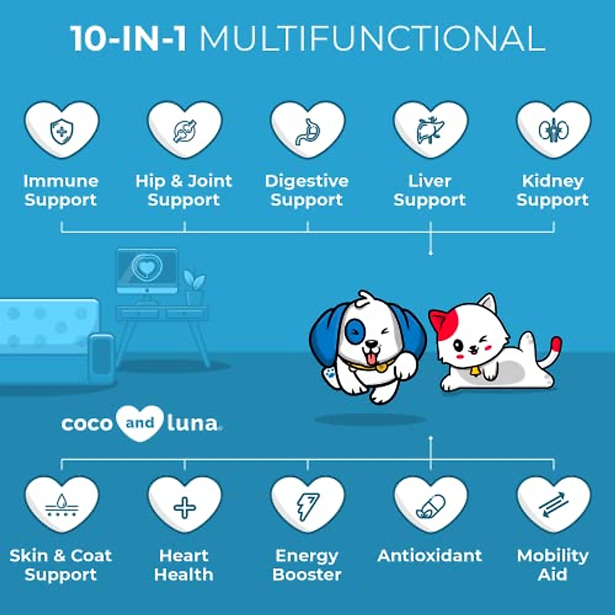 10 in 1 Multivitamin for Dogs and Cats - 4 oz Powder - Hip and Joint Support - Omega Fish Oil & Vitamins with Coq10 for Skin & Heart Health - Probiotics & Enzymes for Gut & Immune Health…