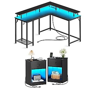 SUPERJARE L Shaped Gaming Desk with Power Outlets & LED Lights and Nightstands Set of 2 with Charging Station & LED Light Strips, Black