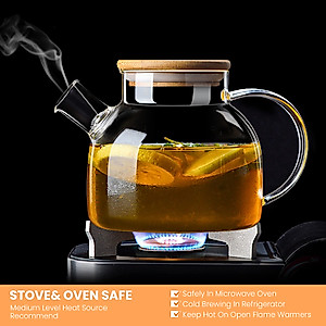 Glass Pitcher with Bamboo Lid, Glass Teapot Stovetop & Microwave Safe, Glass Borosilicate Teapot with Removable Filter Spout, 34oz/1000ml, Teapot for Loose Leaf and Blooming Tea and Fruit Tea