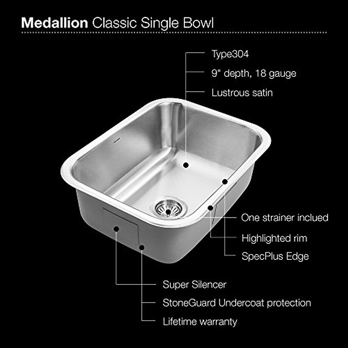 Houzer MS-2309-1 Medallion Classic Series Undermount Stainless Steel Single Bowl Kitchen Sink