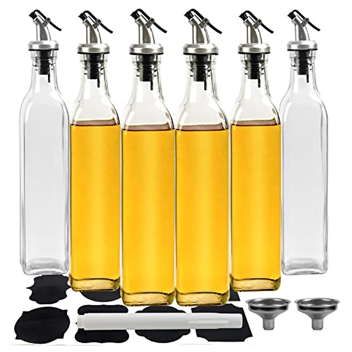 YULEER Olive Oil Bottle Dispenser, 6 Pack 17oz / 500ml Glass Oil and Vinegar Dispenser, Oil Bottles for Kitchen with Airtight Nozzle Plug & Pouring Spouts