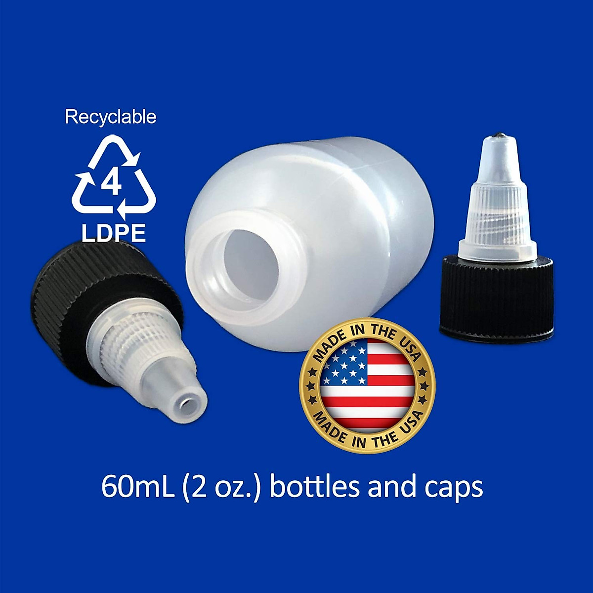 510 Central Twist Top Squeeze Bottles (2oz, 12 Pack) Boston Round with Dispensing Caps - LDPE Plastic - Made in USA